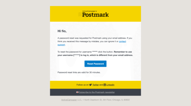 Our subject line: Postmark password reset