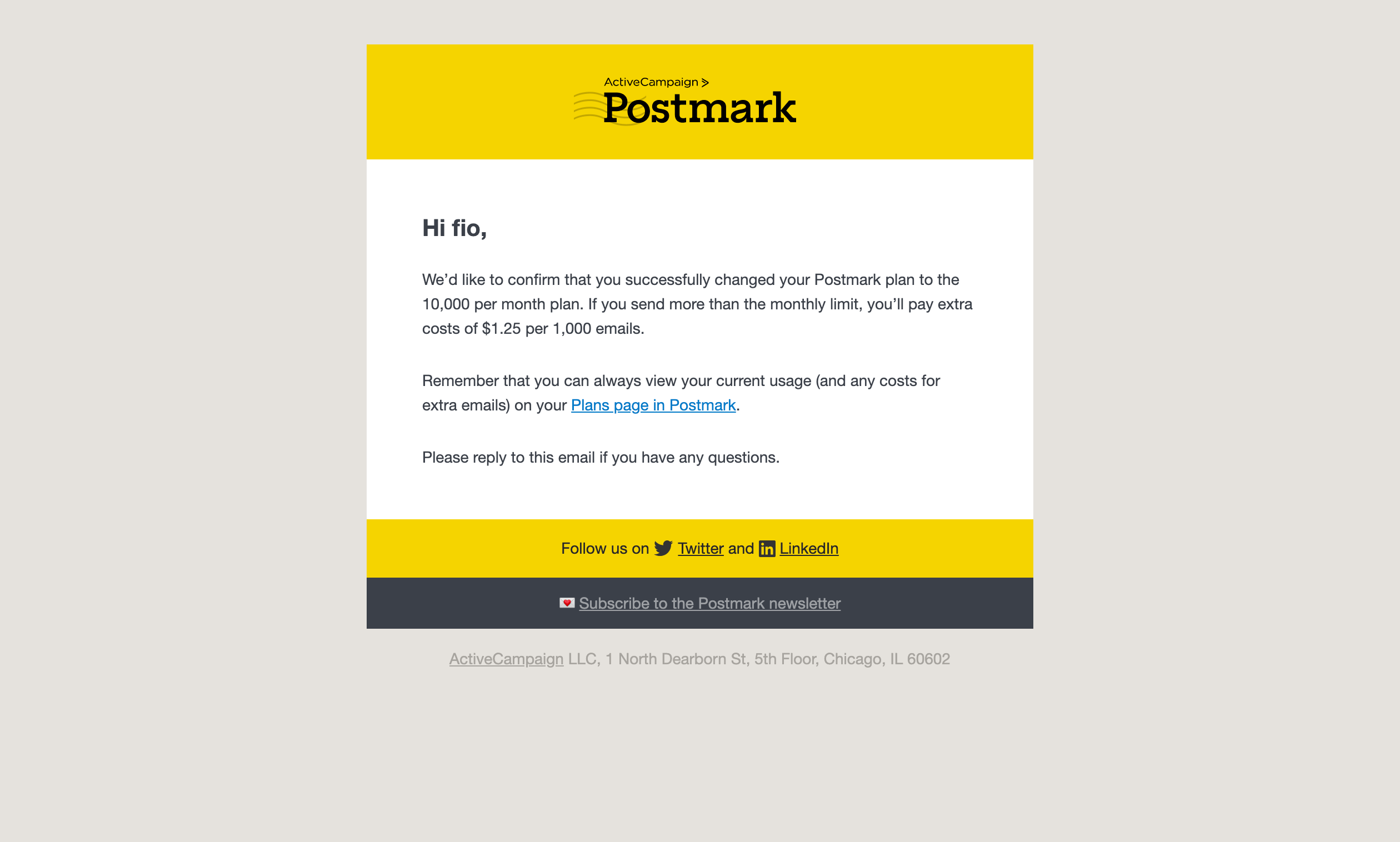 The subject line: Your new Postmark plan